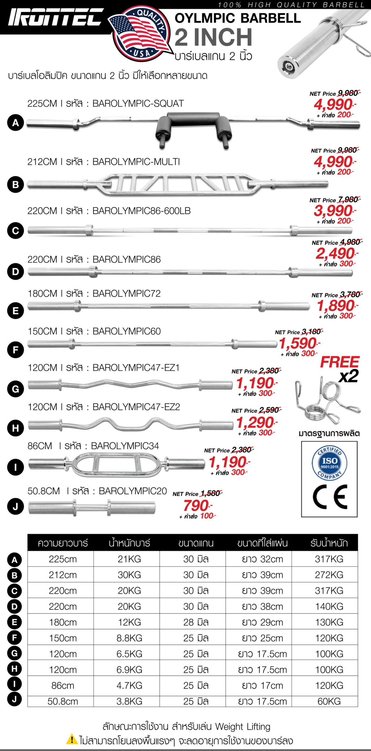 บาร์เบลโอลิมปิค 150CM (แกน 2 นิ้ว) - ดัมเบล BOD